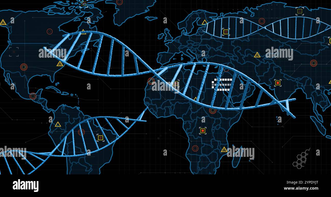 Image of dna strands and data processing over world map with africa highlighted. genetics ...