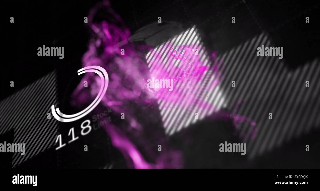 Abstract purple particles and circular progress bar image over dark ...