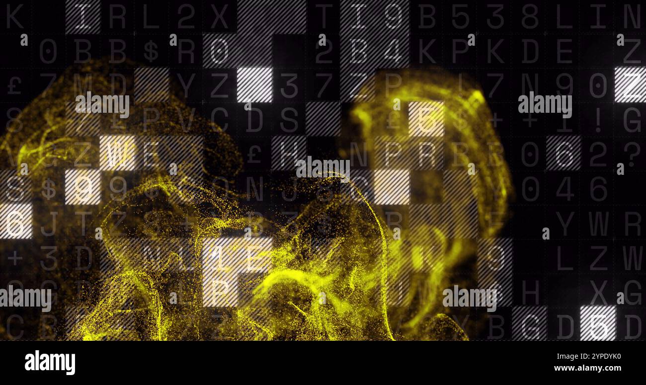 Yellow particle waves image over alphanumeric code background. Technology, digital, particles ...