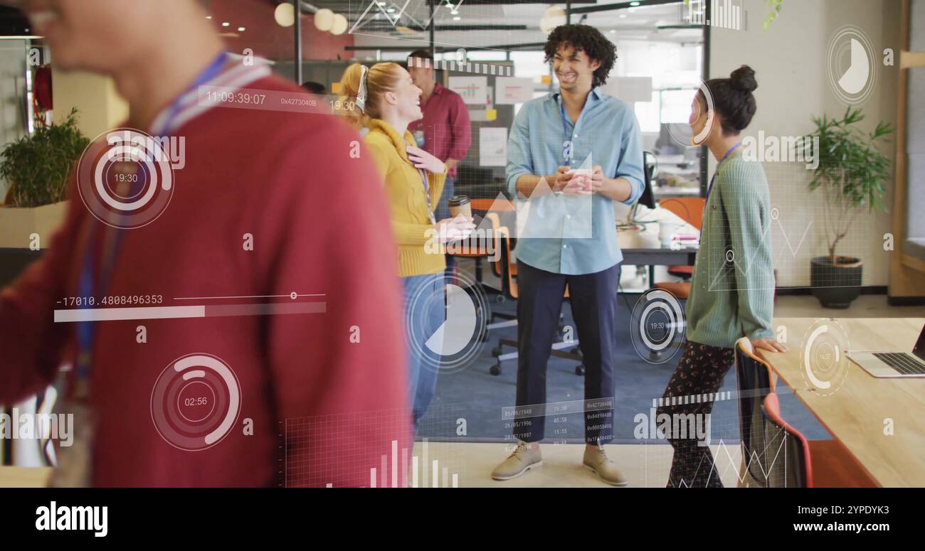 Business data processing image over diverse colleagues interacting in ...