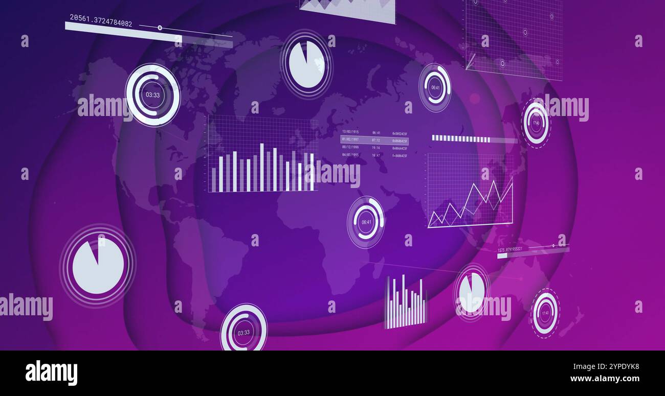 Graphs and charts image over world map in purple tones Stock Photo - Alamy