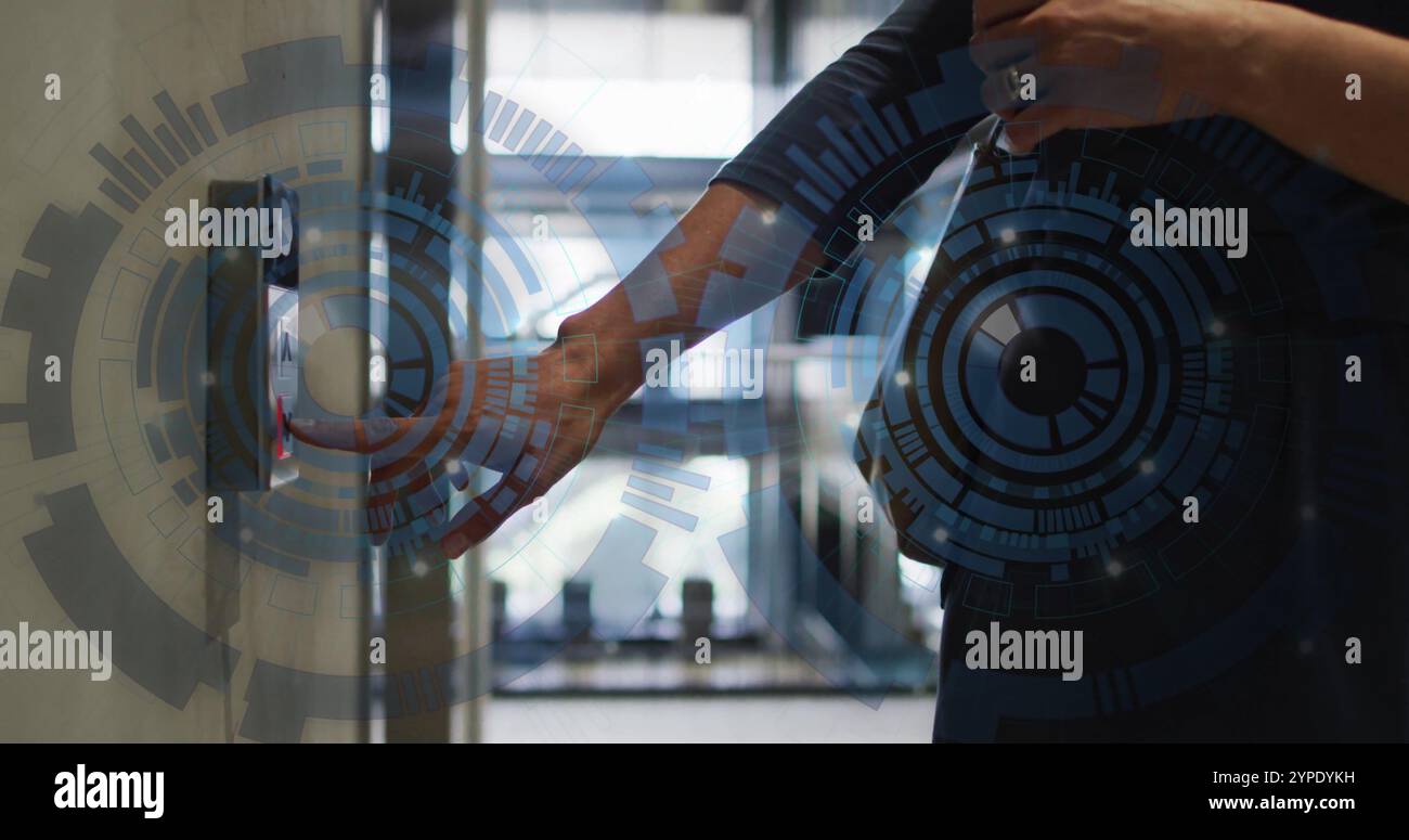 Pressing elevator button, person interacting with futuristic digital ...