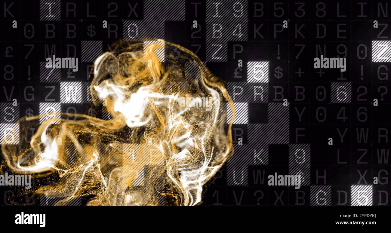 Golden fluid motion image over black background with alphanumeric characters. dynamic, digital ...