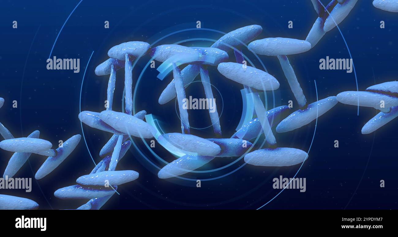 DNA strand with rotating circular elements, scientific data processing ...
