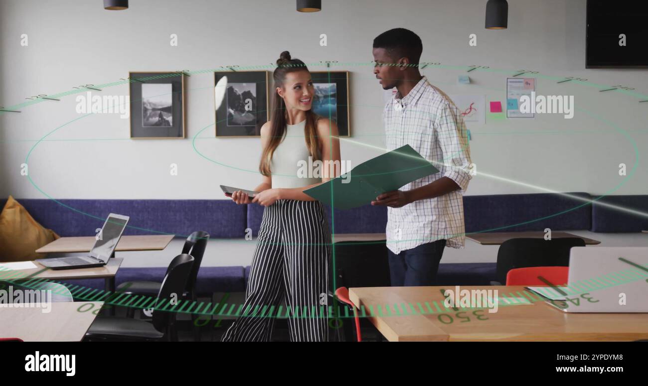 Green radar image over diverse colleagues discussing documents in ...