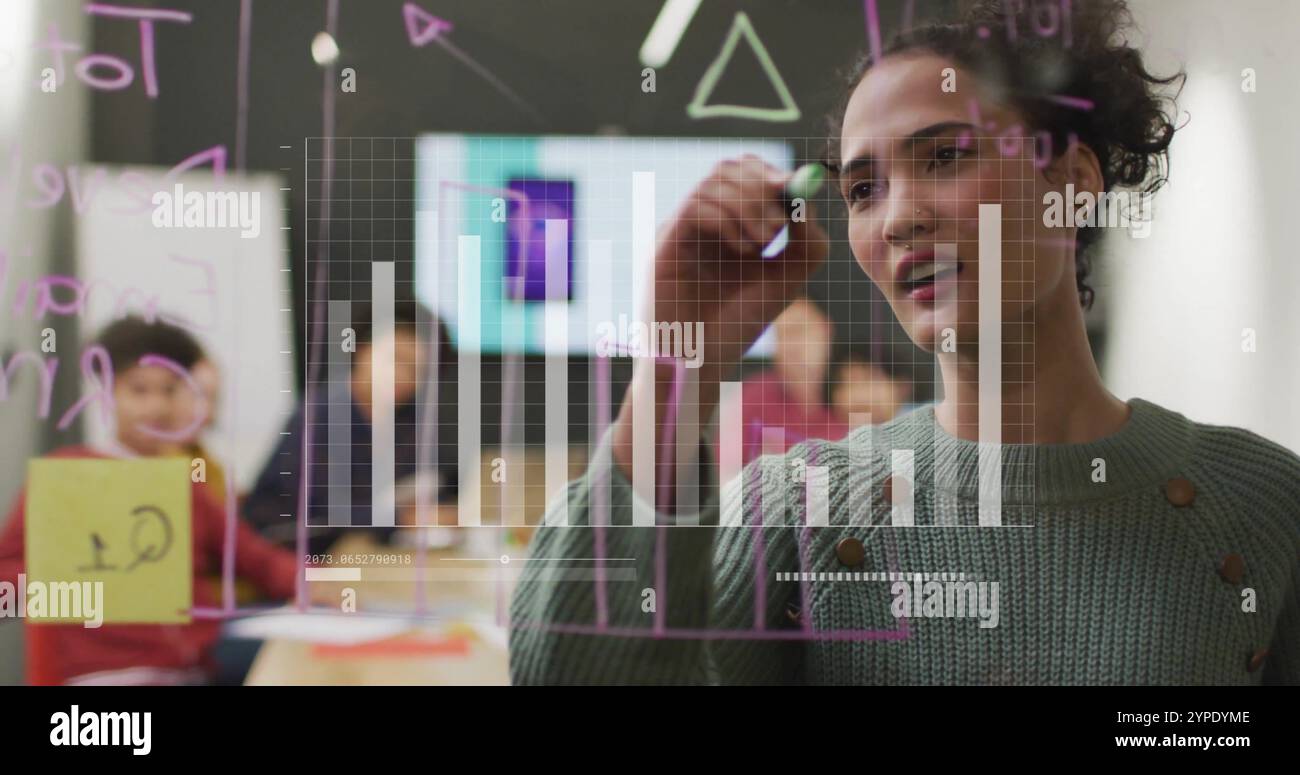 Writing on transparent board, woman with bar graph image over classroom ...