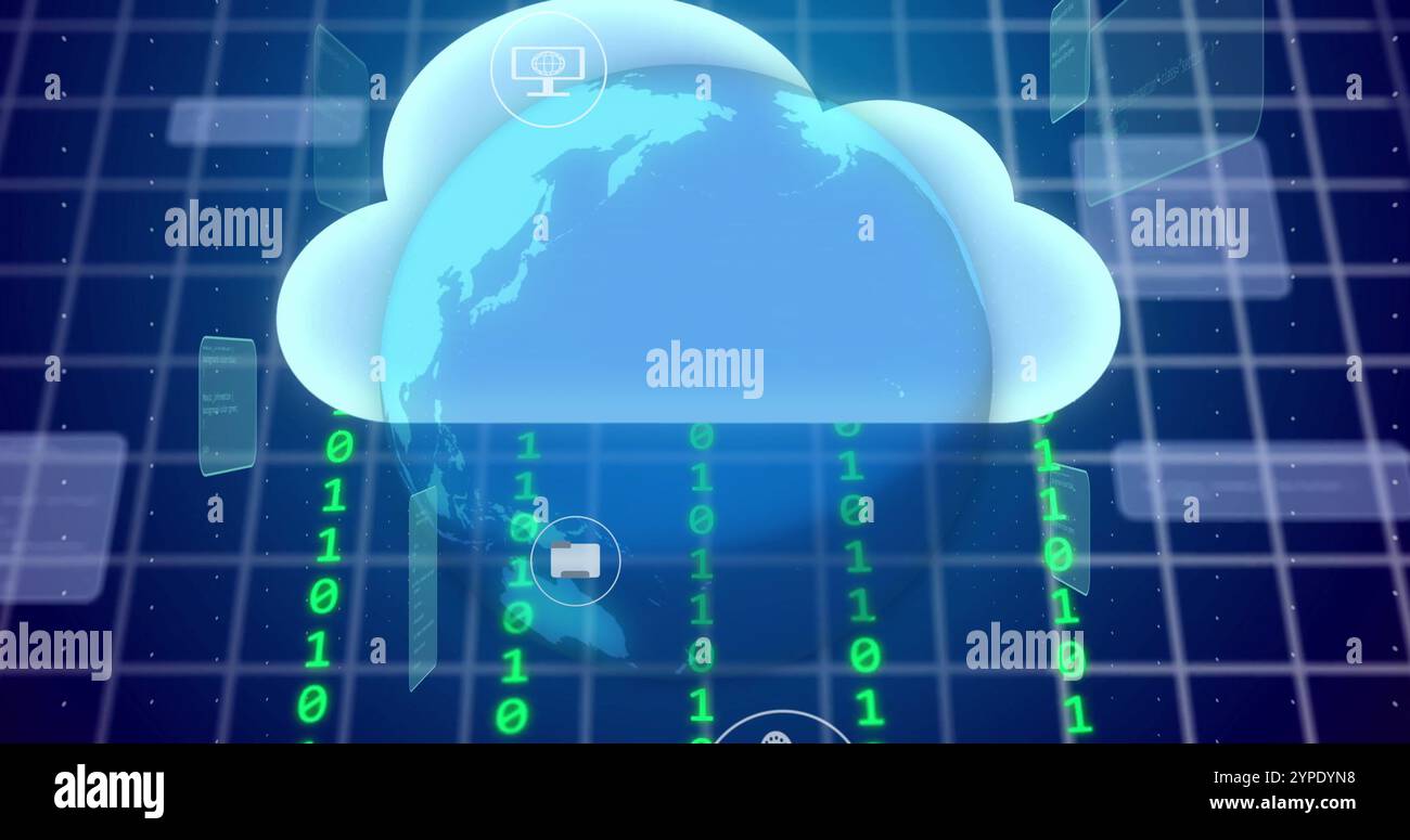 Binary code and cloud computing icons image over globe and grid ...
