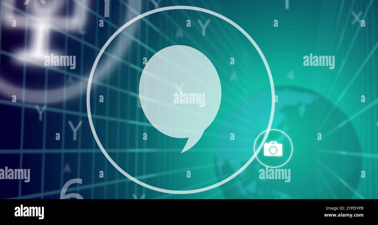 Speech bubble and camera icon image over digital world map background ...