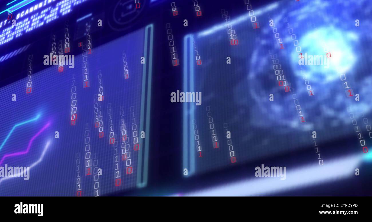 Binary code and data charts image over digital screens Stock Photo - Alamy