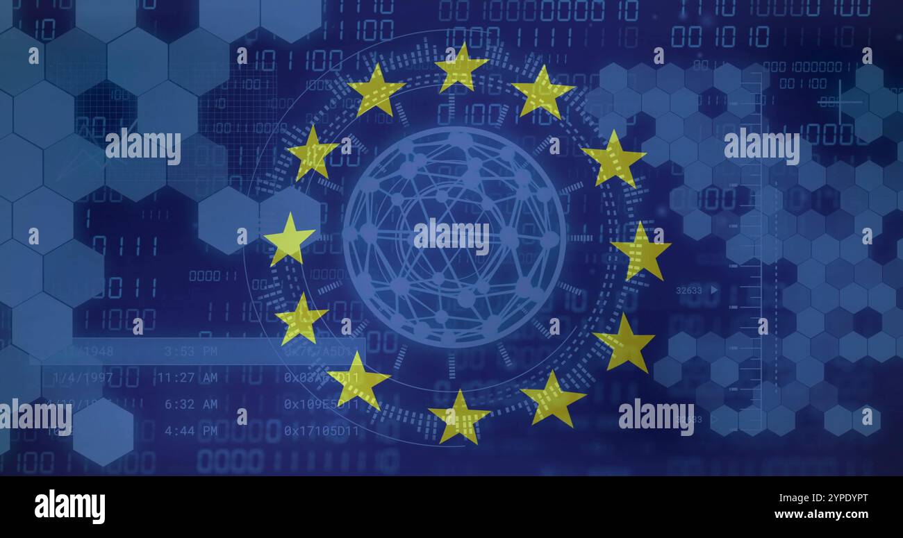 Image of, European Union stars over digital network and binary code ...