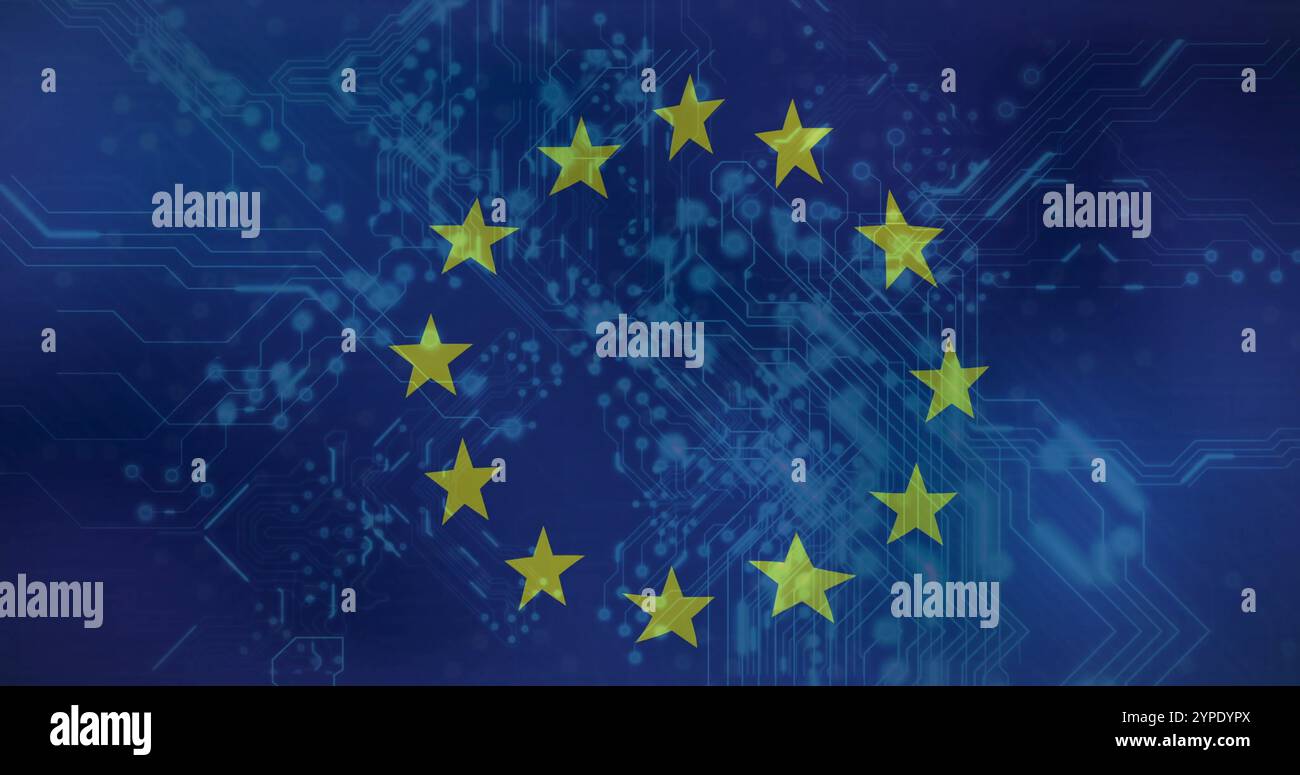 Image of, European Union flag over digital circuit board, representing ...