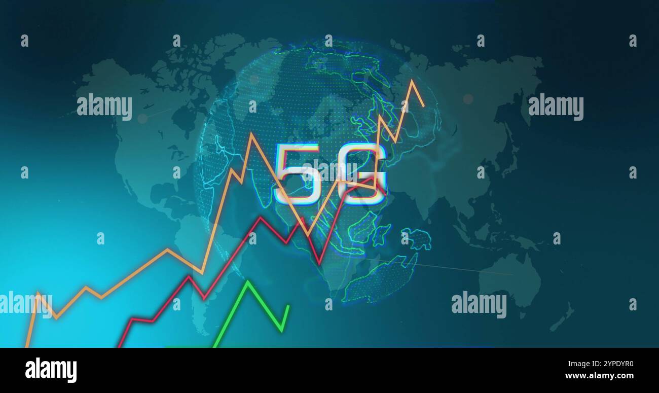 5G text and rising graph image over world map. Technology ...