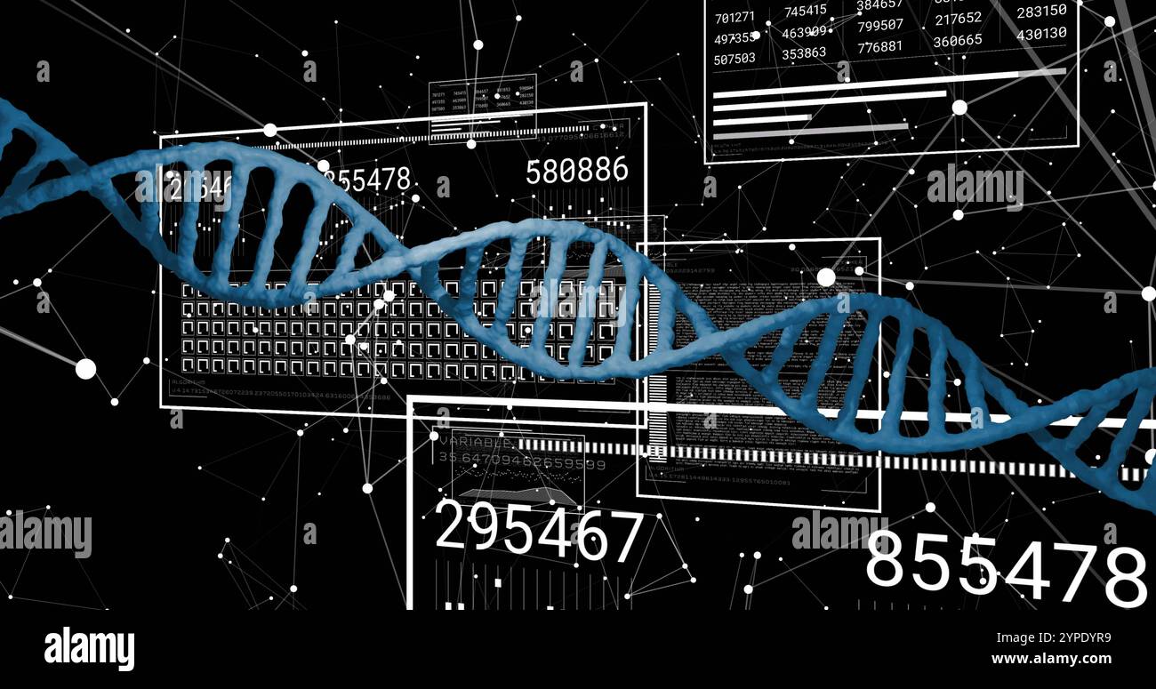 DNA strand and scientific data processing image over black background ...