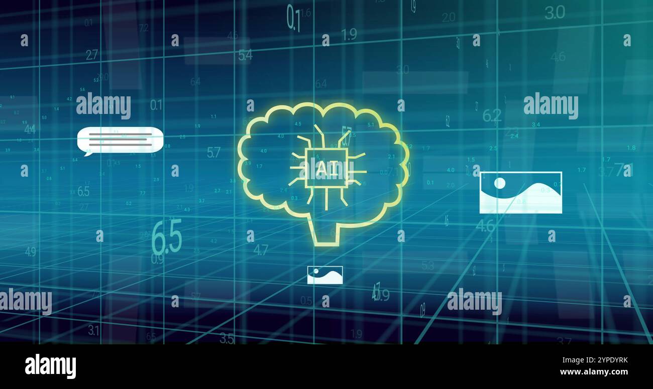AI brain image over digital data and chat bubbles. Artificial intelligence, technology ...