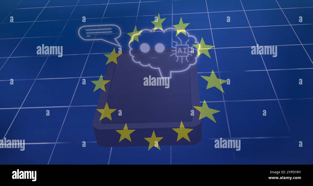 Image of, European Union stars circling over tablet on blue grid ...