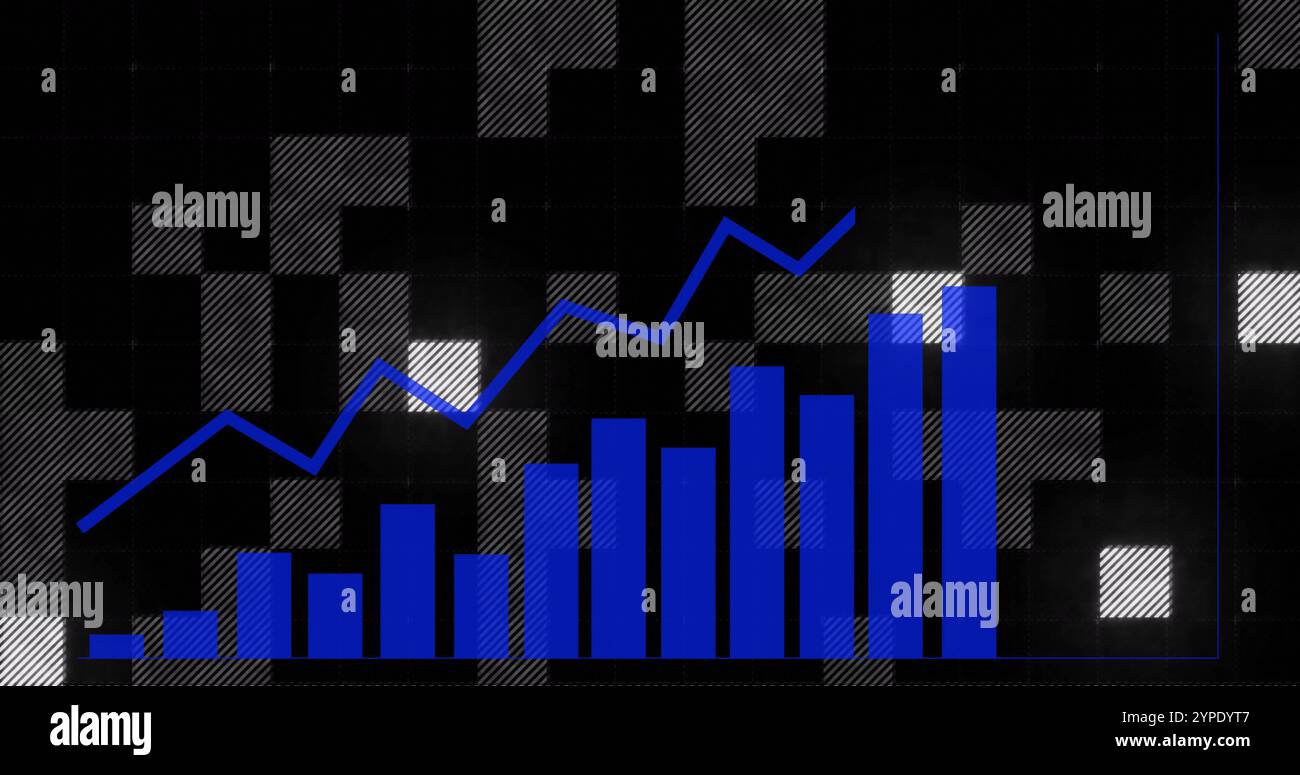 Bar chart and line graph image over pixelated black and white ...