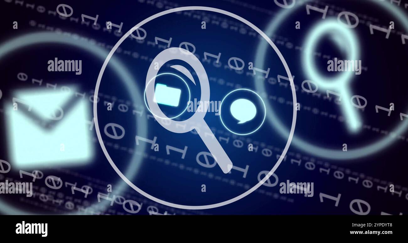 Magnifying glass and search icons image over binary code background ...