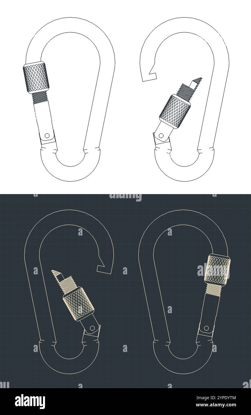 Stylized vector illustrations of stainless steel carabiner blueprints ...