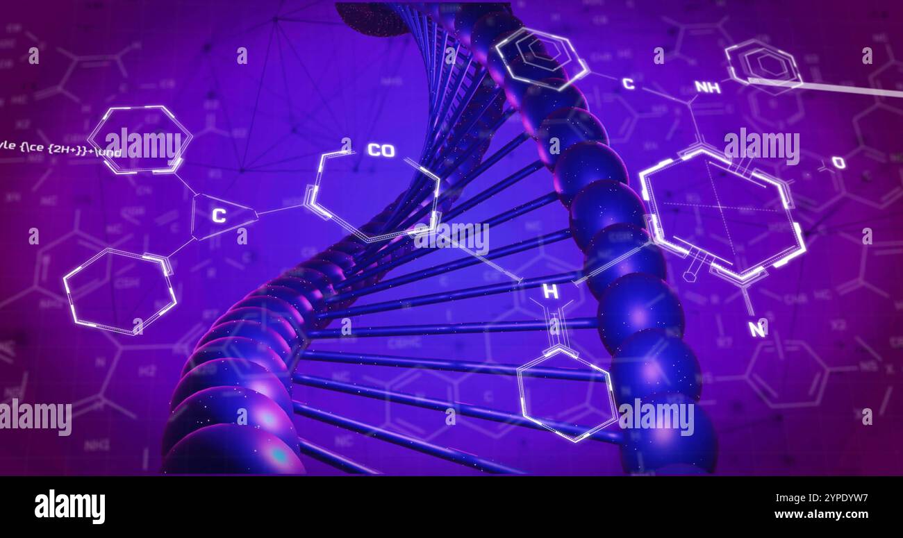 Image of chemical formula and dna strand on blue background. Science ...