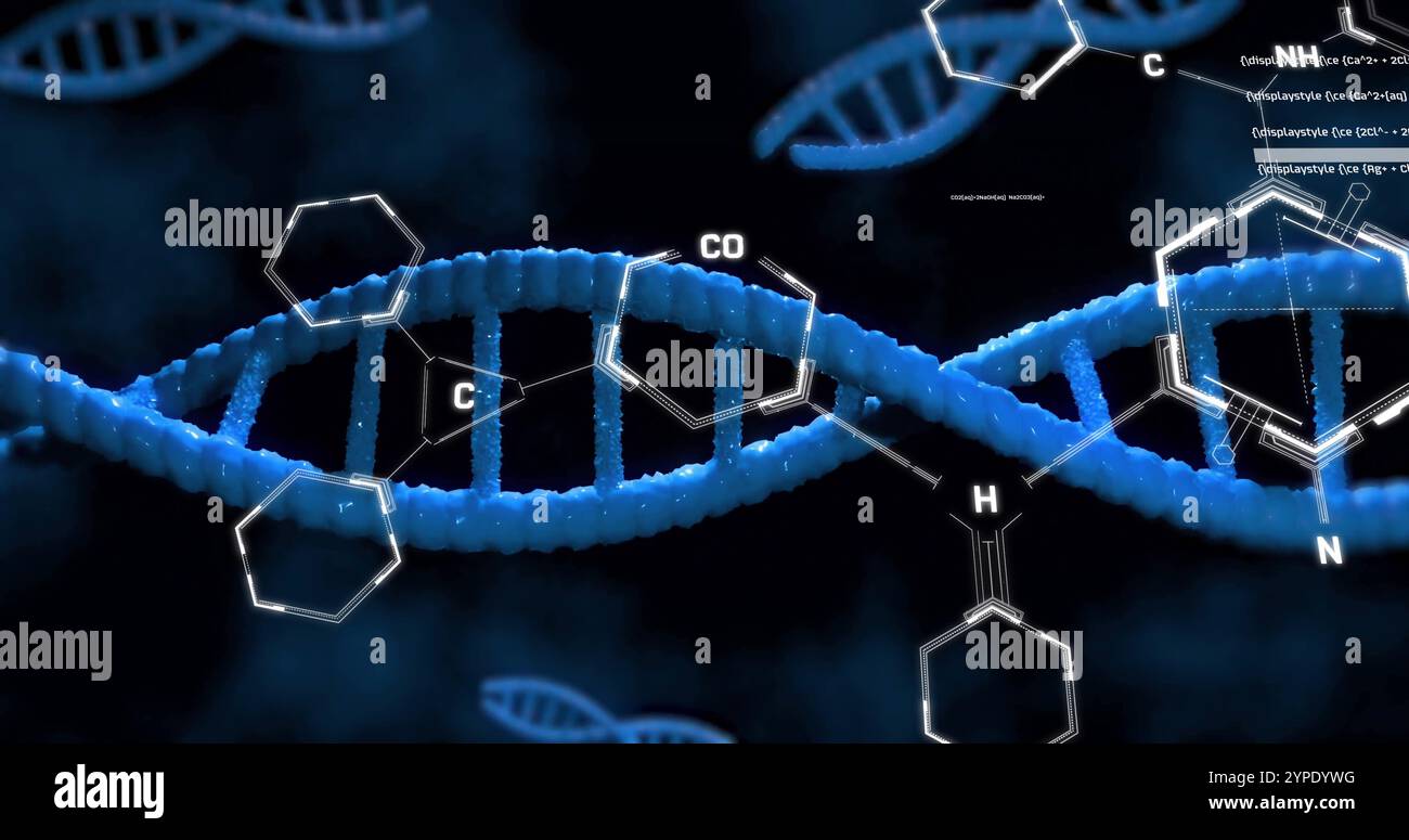 Image of chemical formula and dna strand on black background. Science ...
