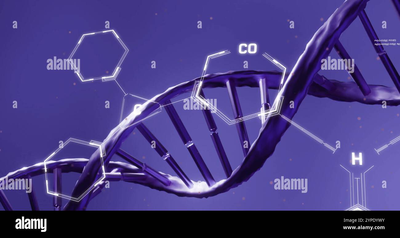 Image of chemical formula and dna strand on blue background. Science ...