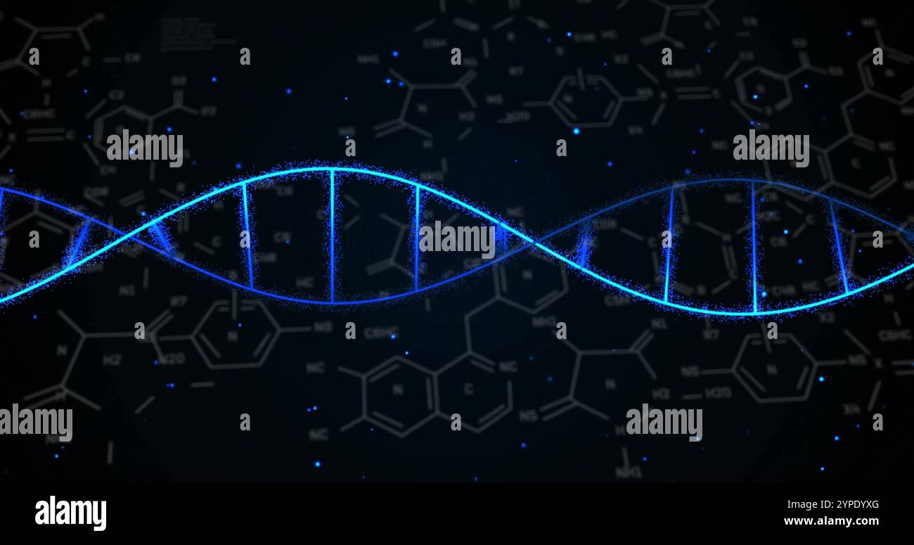 Image of chemical formula and dna strand on black background Stock ...