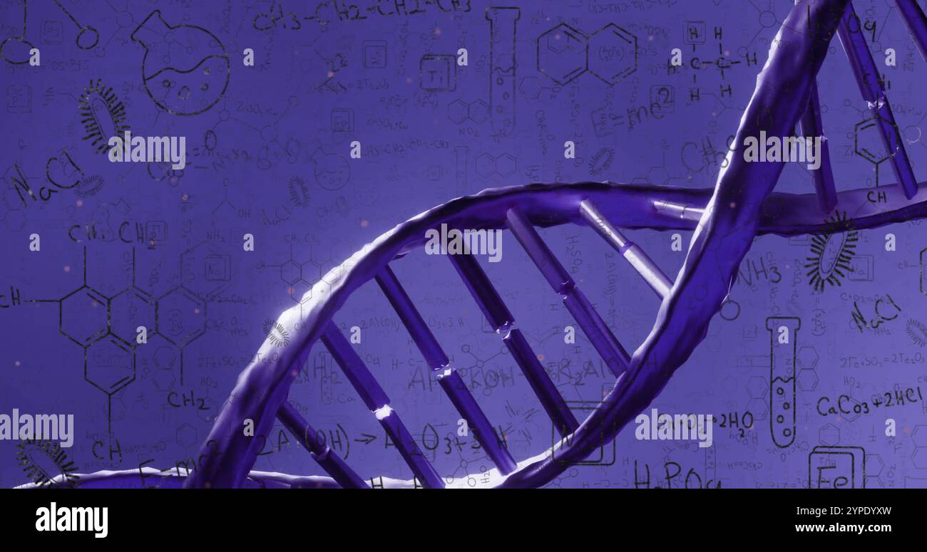 Image of chemical formula and dna strand on blue background Stock Photo ...