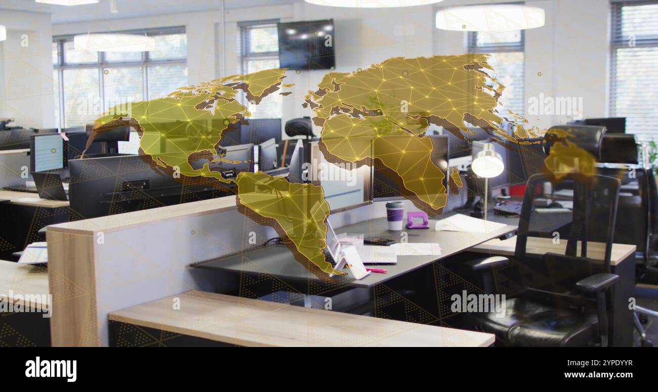 Image of world map and digital data processing over office Stock Photo - Alamy