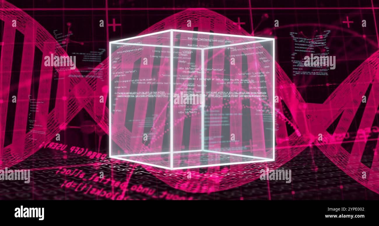 Image of cube, digital data processing over dna stand Stock Photo - Alamy