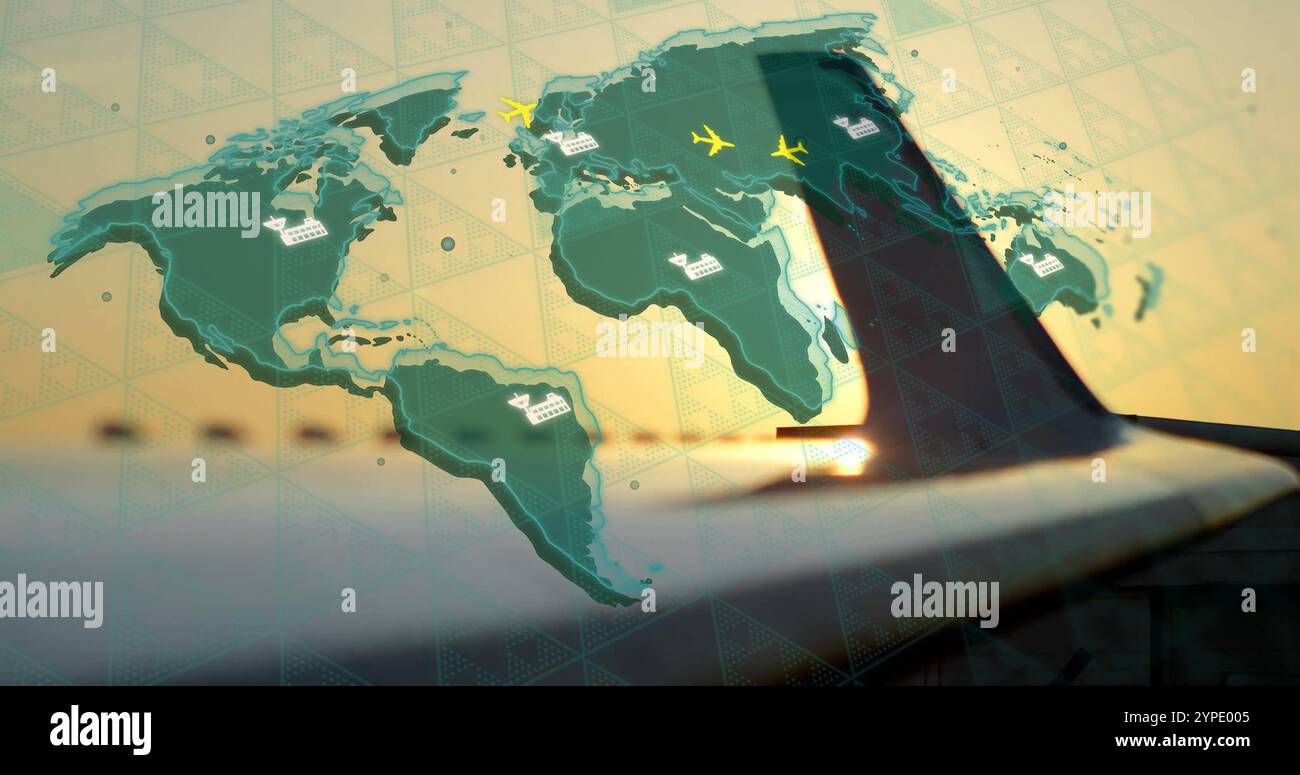 Image of world map with plane icons and digital data processing over ...