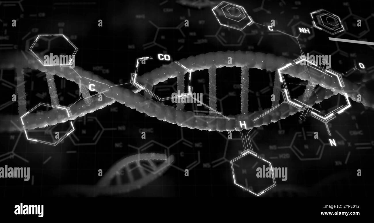 Image of chemical formula and dna strand on black background Stock Photo - Alamy