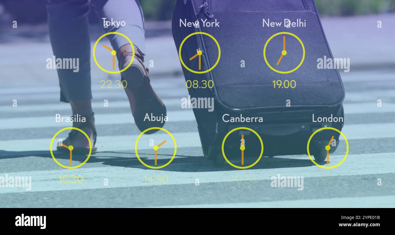 Image of clocks with time in time zones over man walking with suitcase ...