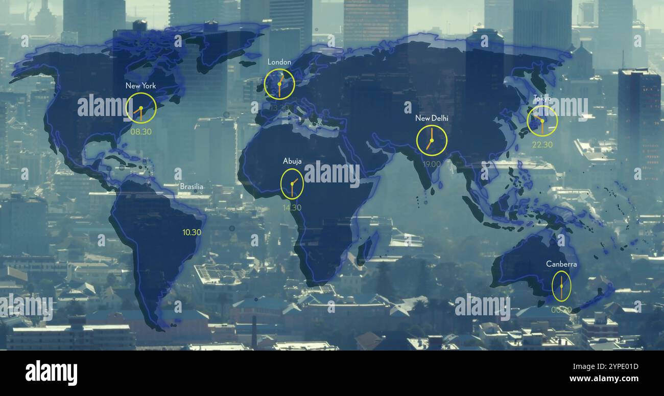 Image of world map and cities of world over cityscape Stock Photo - Alamy