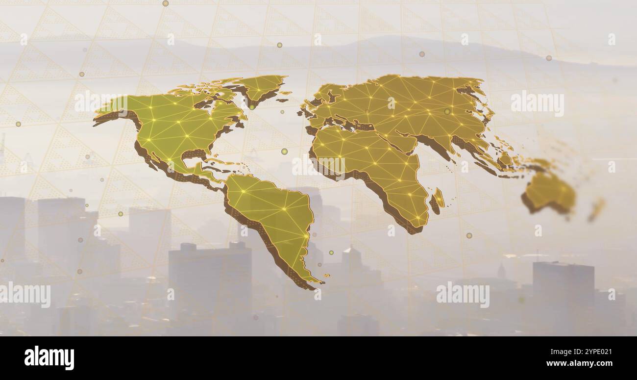 Image of world map and digital data processing over cityscape Stock Photo - Alamy