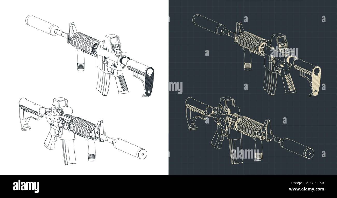 Stylized vector illustrations of the blueprints of the M4A1 automatic ...