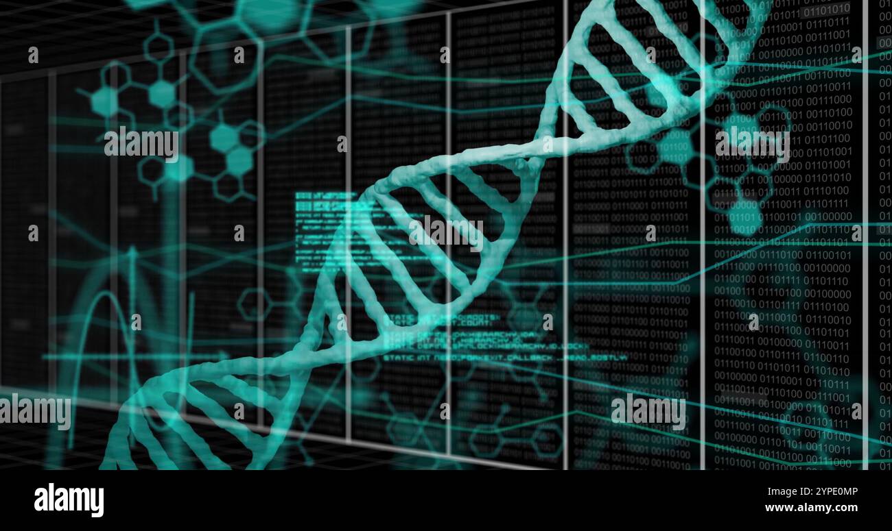 Image of digital data processing over dna stand and grid Stock Photo ...