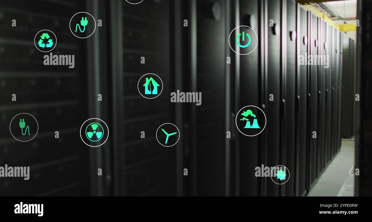 Image Of Eco Icons And Digital Data Processing Over Computer Servers