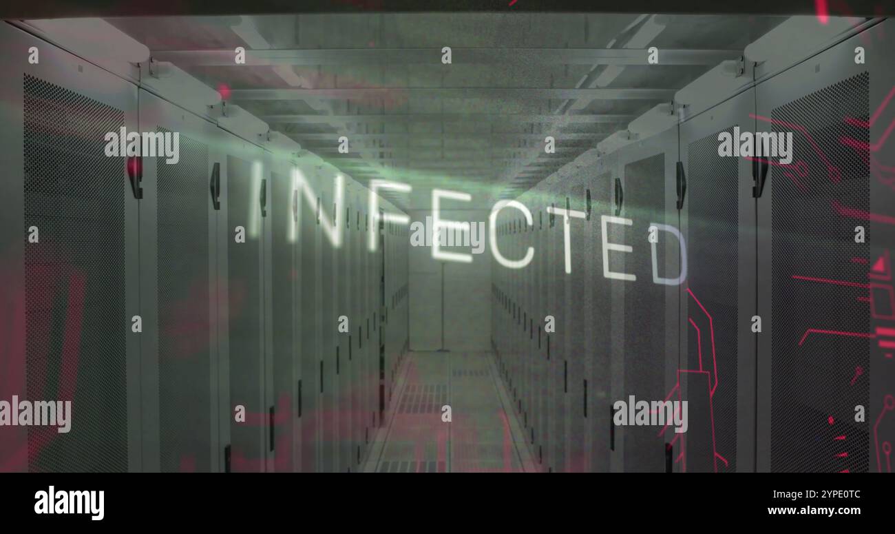 Image of infected text over data processing and server room Stock Photo ...