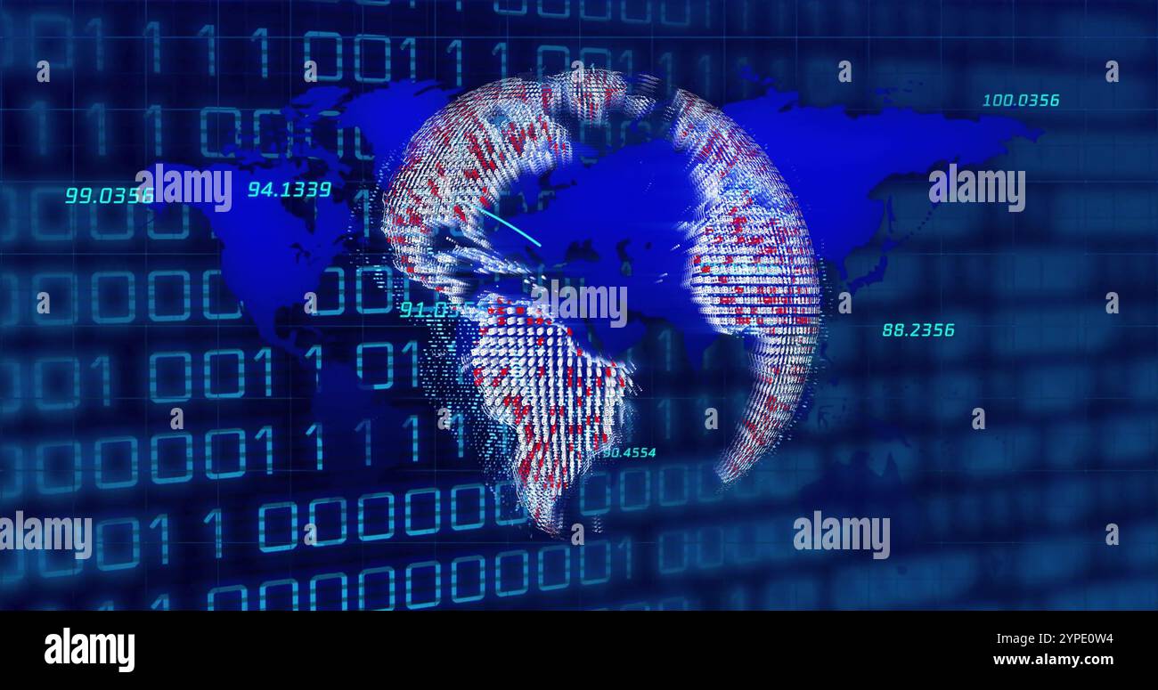 Image of globe and world map over data processing and binary coding on black background Stock ...