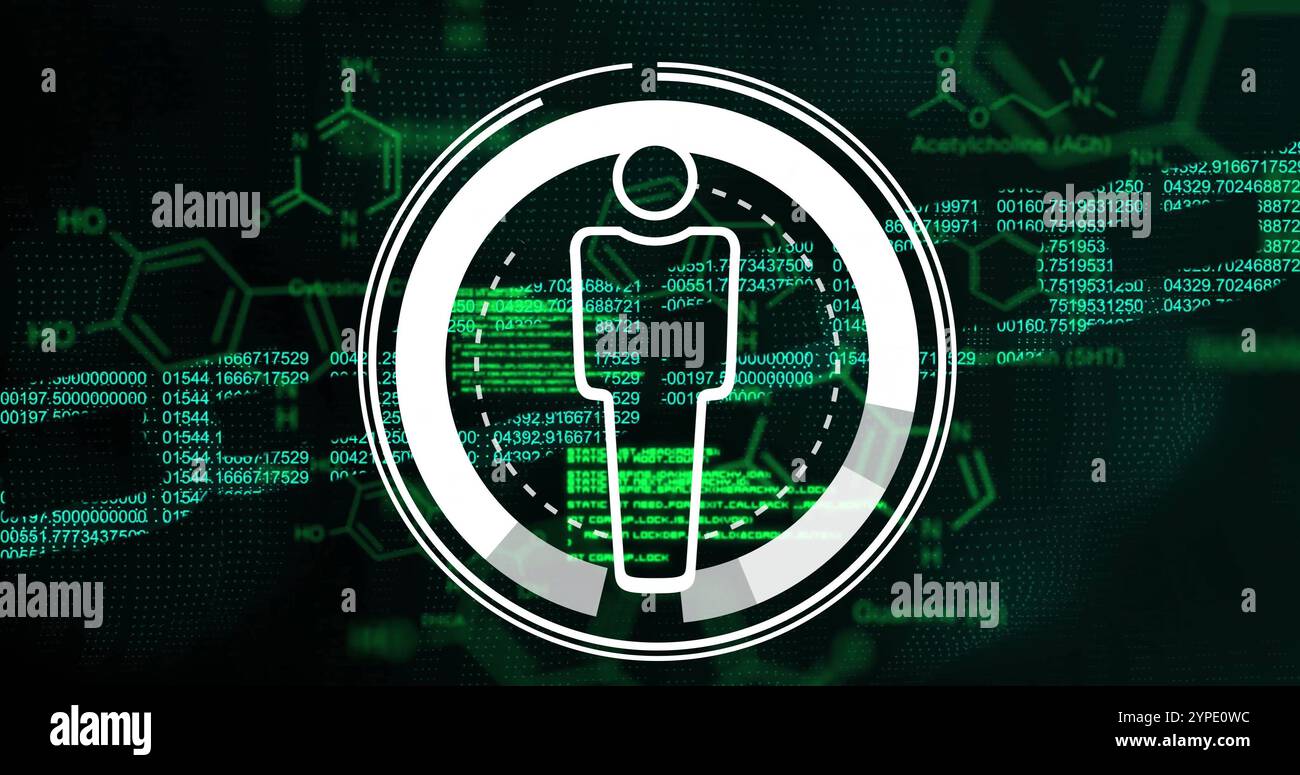 Image of human icon and chemical formula over data processing and chain ...
