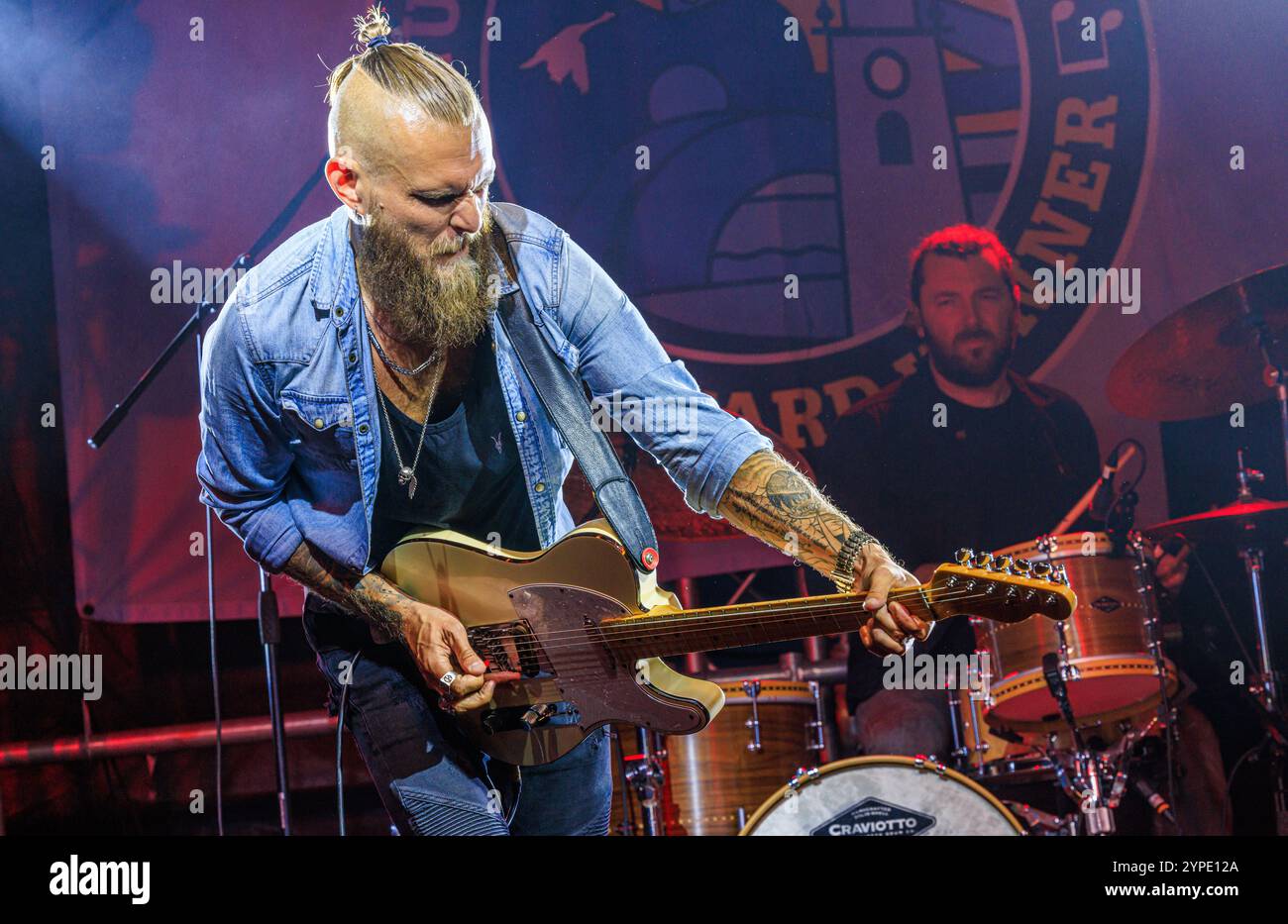 British blues rock guitarist Ben Poole performing at the 2023 Upton-Upon-Severn Blues festival ...