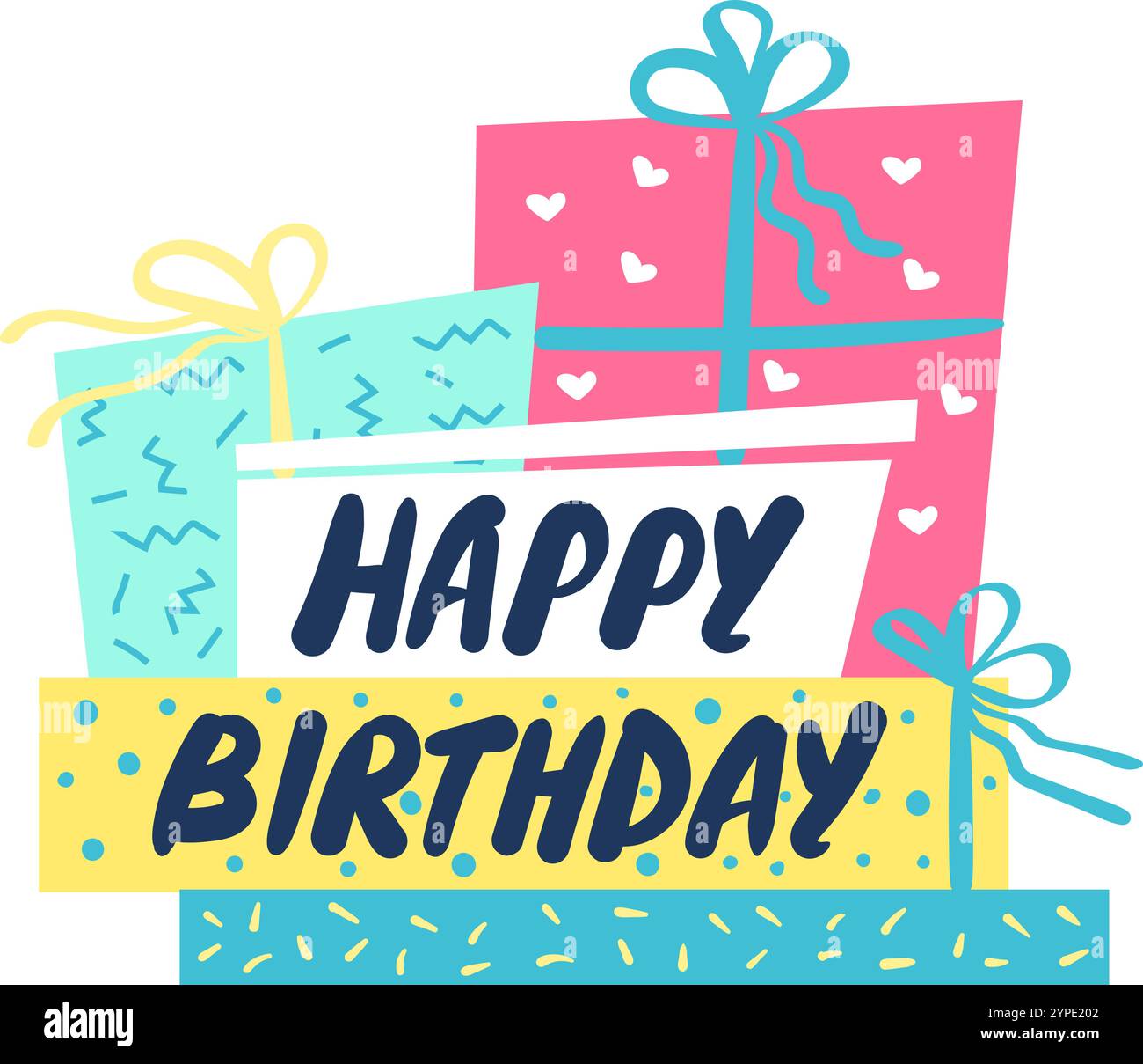 Happy birthday greeting card featuring colorful wrapped gift boxes with ...