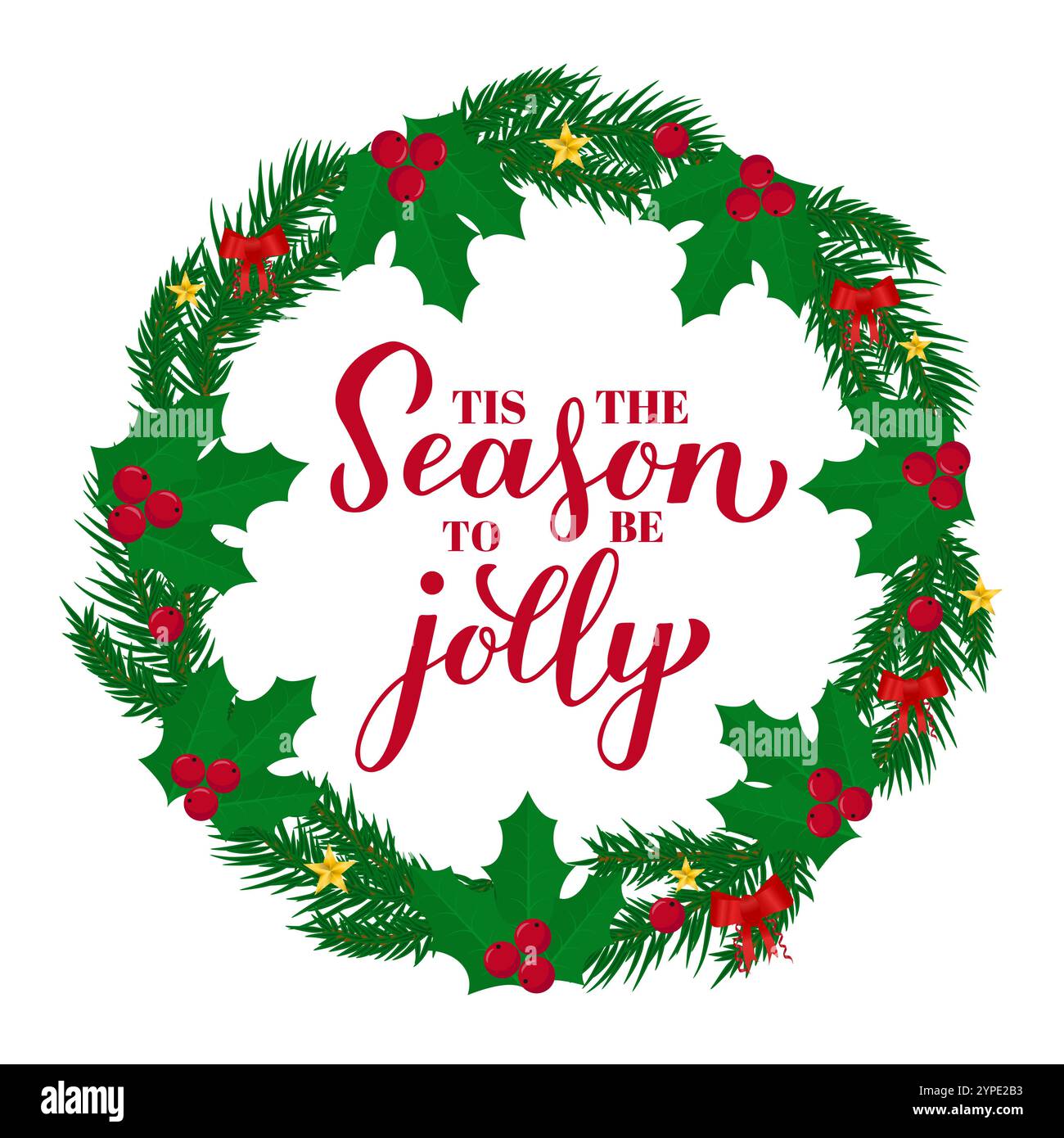 Tis the season to be jolly calligraphy hand lettering with wreath of ...