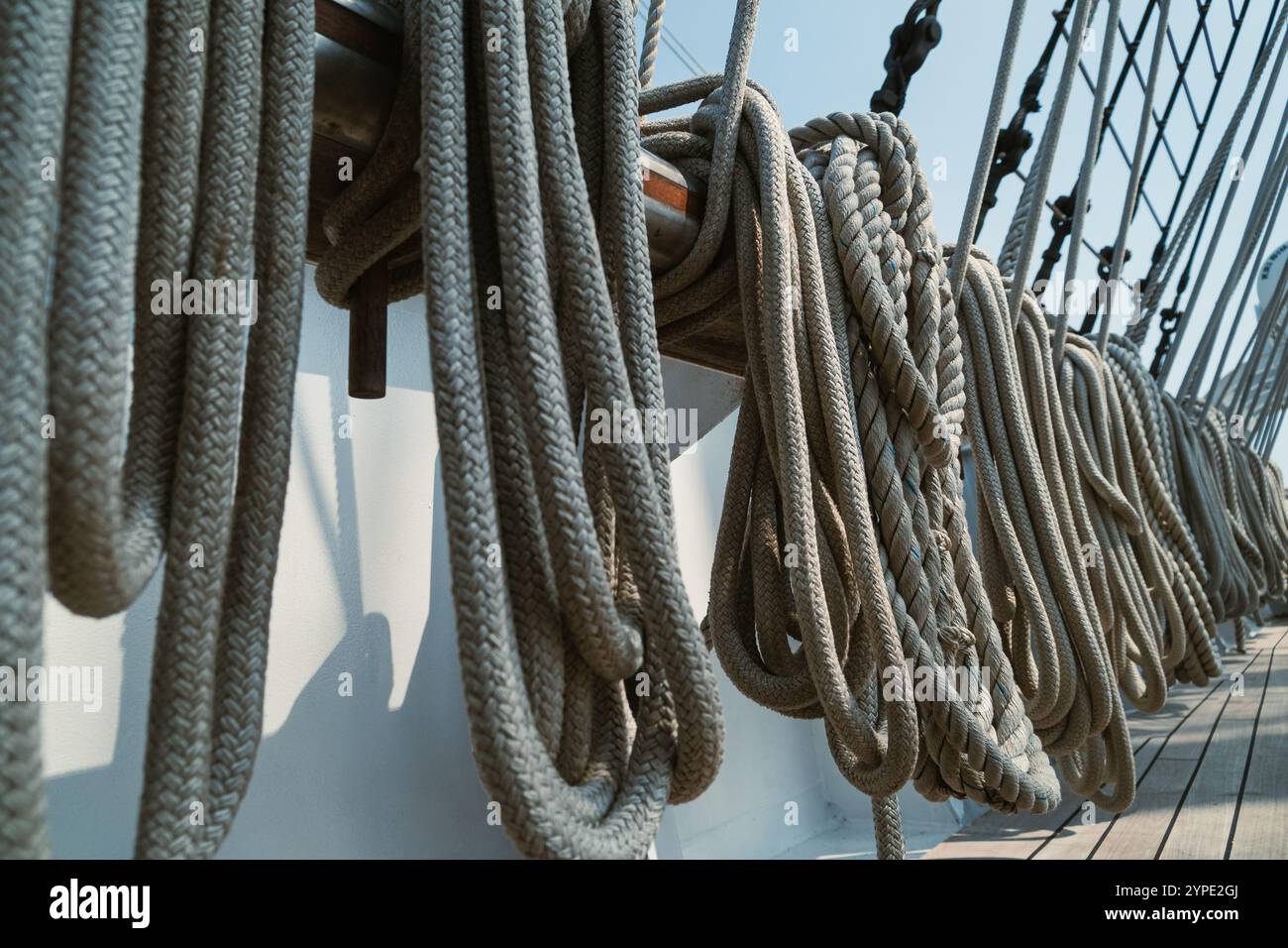 The ship's sailing ropes are neatly placed in the rope maintenance area ...
