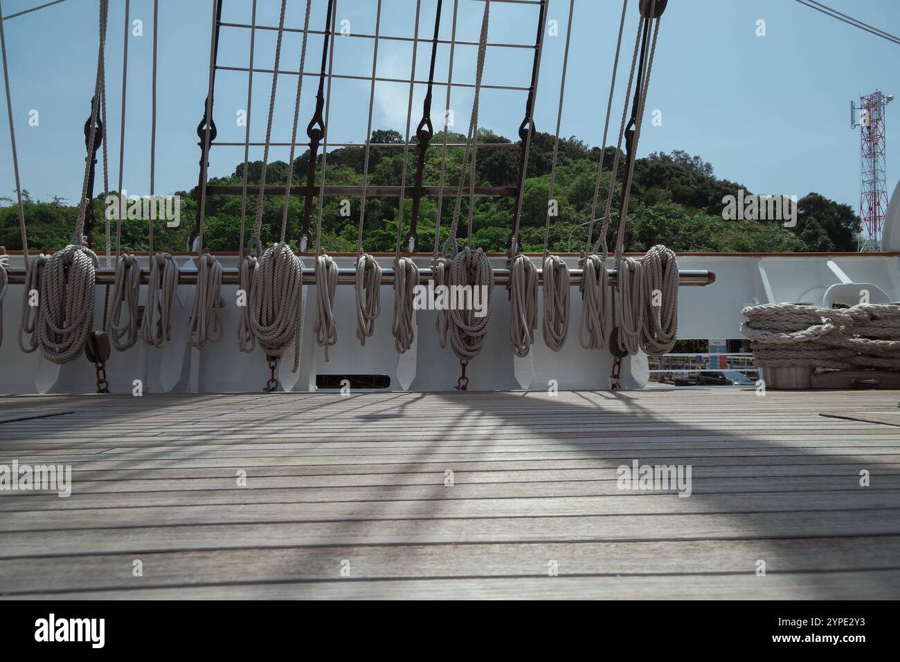 The ship's sailing ropes are neatly placed in the rope maintenance area ...