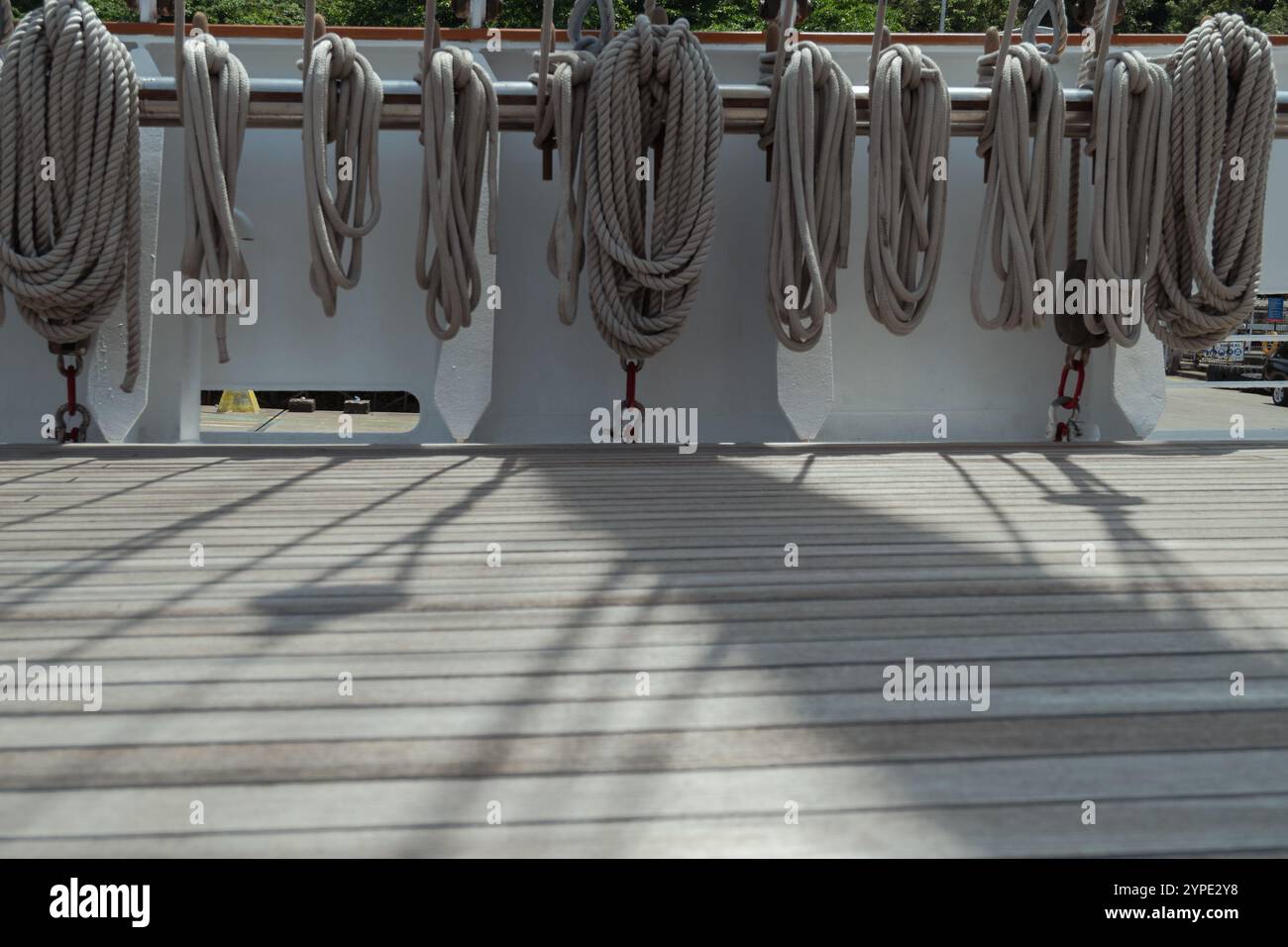 The ship's sailing ropes are neatly placed in the rope maintenance area ...