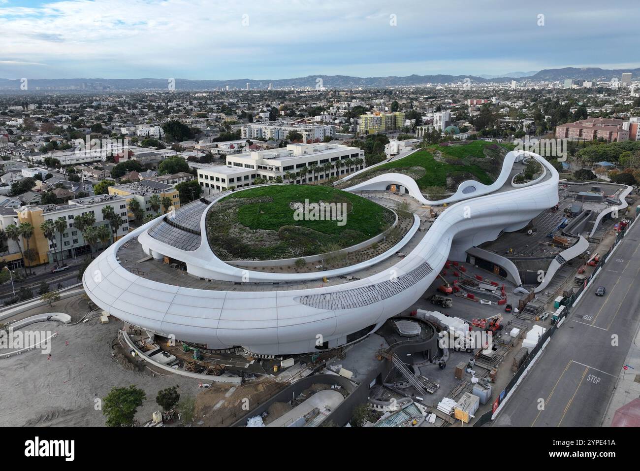 A general overall aerial view of the Lucas Museum of Narrative Arts ...