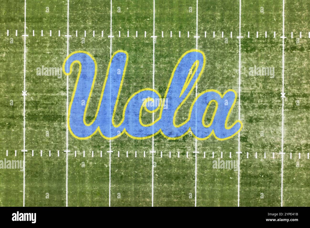 The UCLA Bruins logo at midfield on the football field at Rose Bowl ...