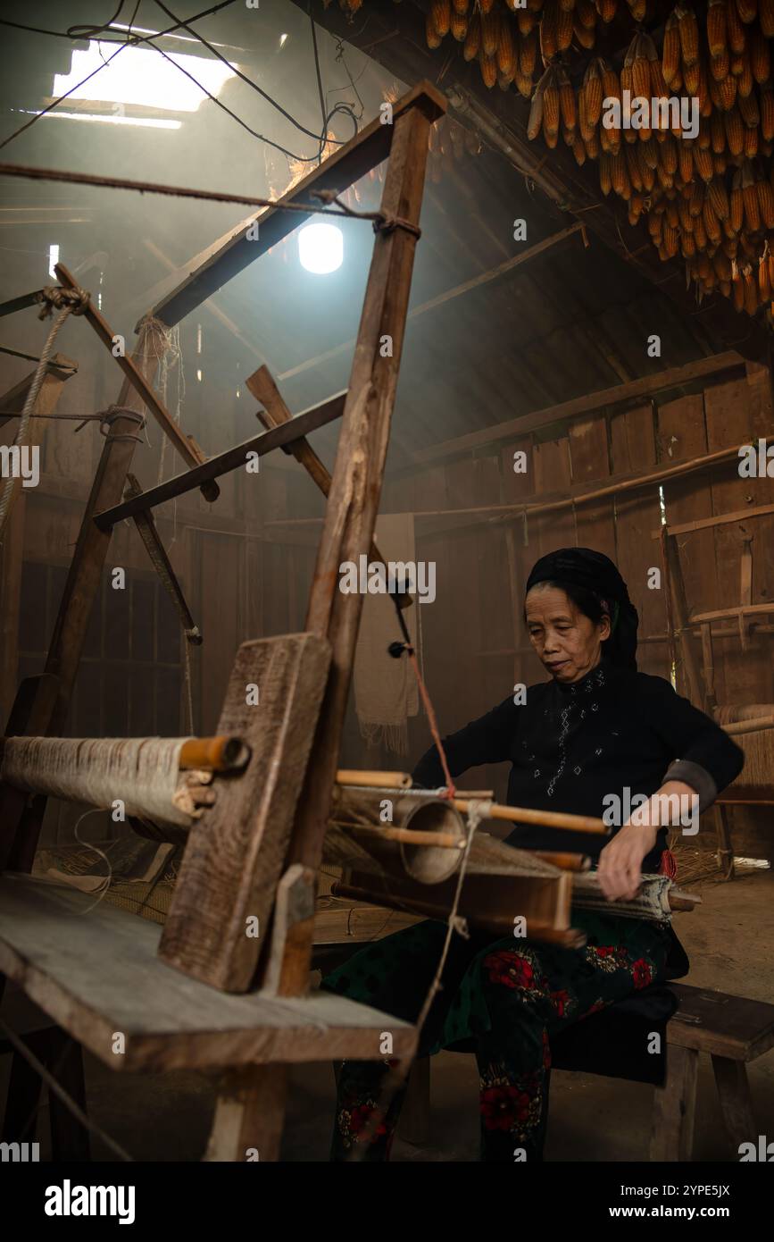 Ha Giang - January 15, 2024: Linen weaving - traditional cultural ...