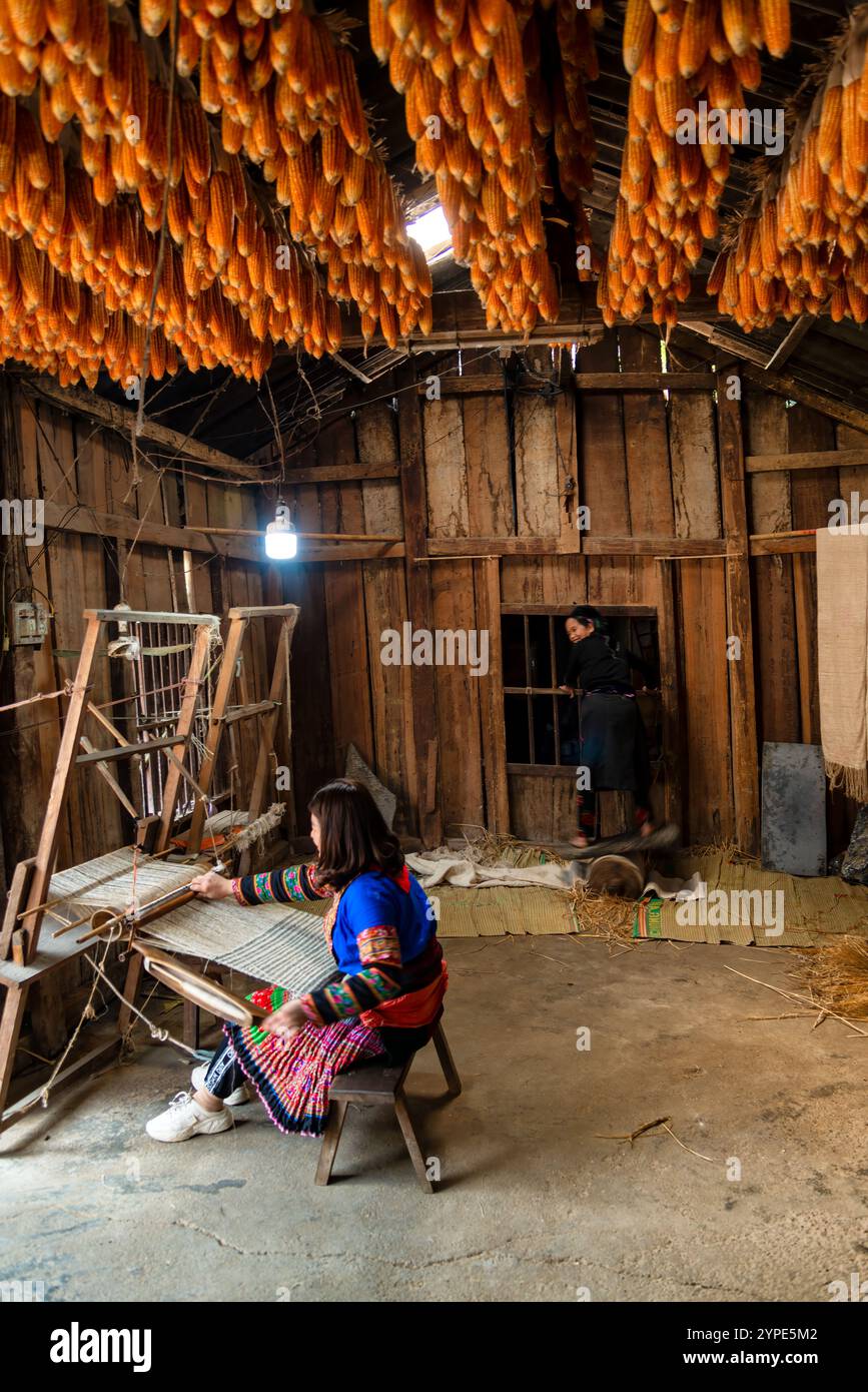 Ha Giang - January 15, 2024: Linen weaving - traditional cultural ...